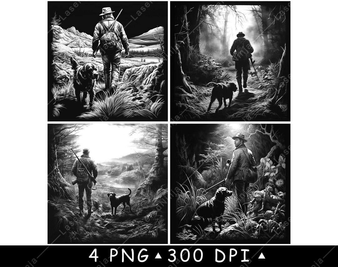Hunter and Dog in Nature – Black and White Wilderness Scenes for Laser ...