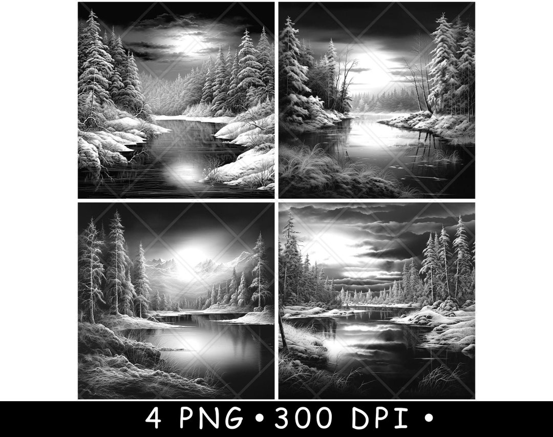 Winter Lake Snowy Mountain Frost Icy Cold Landscape River Laser File Coaster Burn Grayscale ...