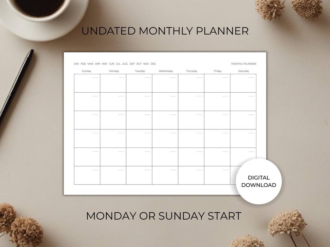 Minimalist Undated Monthly Planner: Printable Calendar, A4 & Letter PDF ...