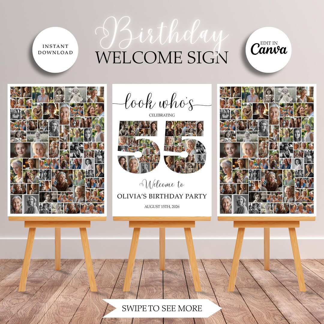 55th Birthday Welcome Sign: Editable Photo Collage Banner (number 55 ...