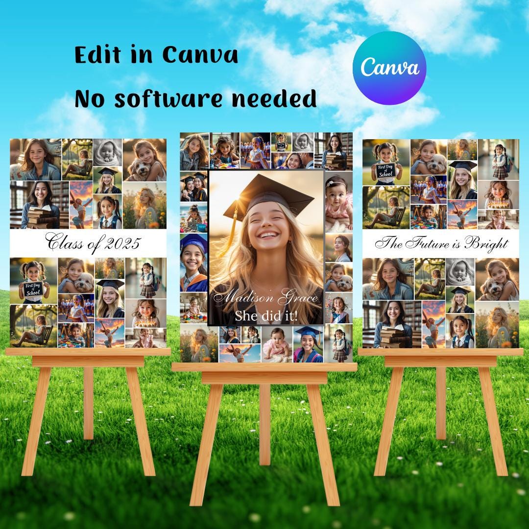 Graduation Photo Collage for Girl or Boy, Editable Canva Welcome Sign ...