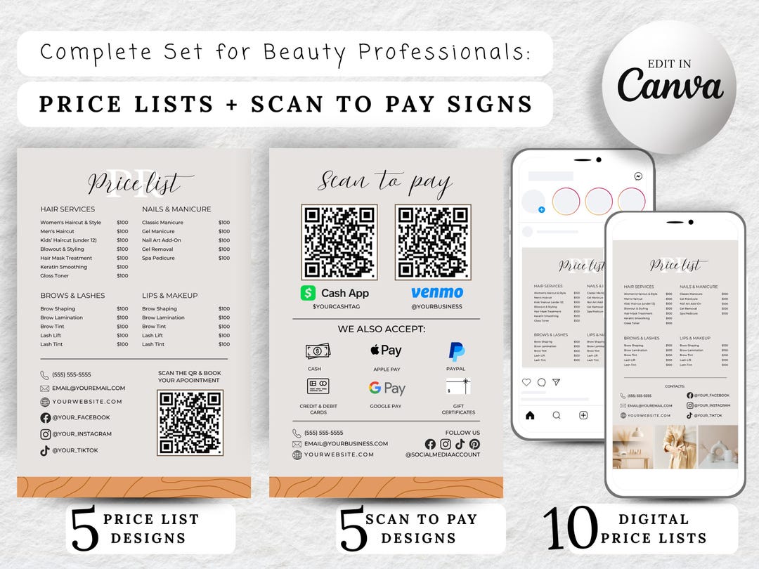 Price List Template & Scan to Pay Signs Bundle | Printable + Phone ...