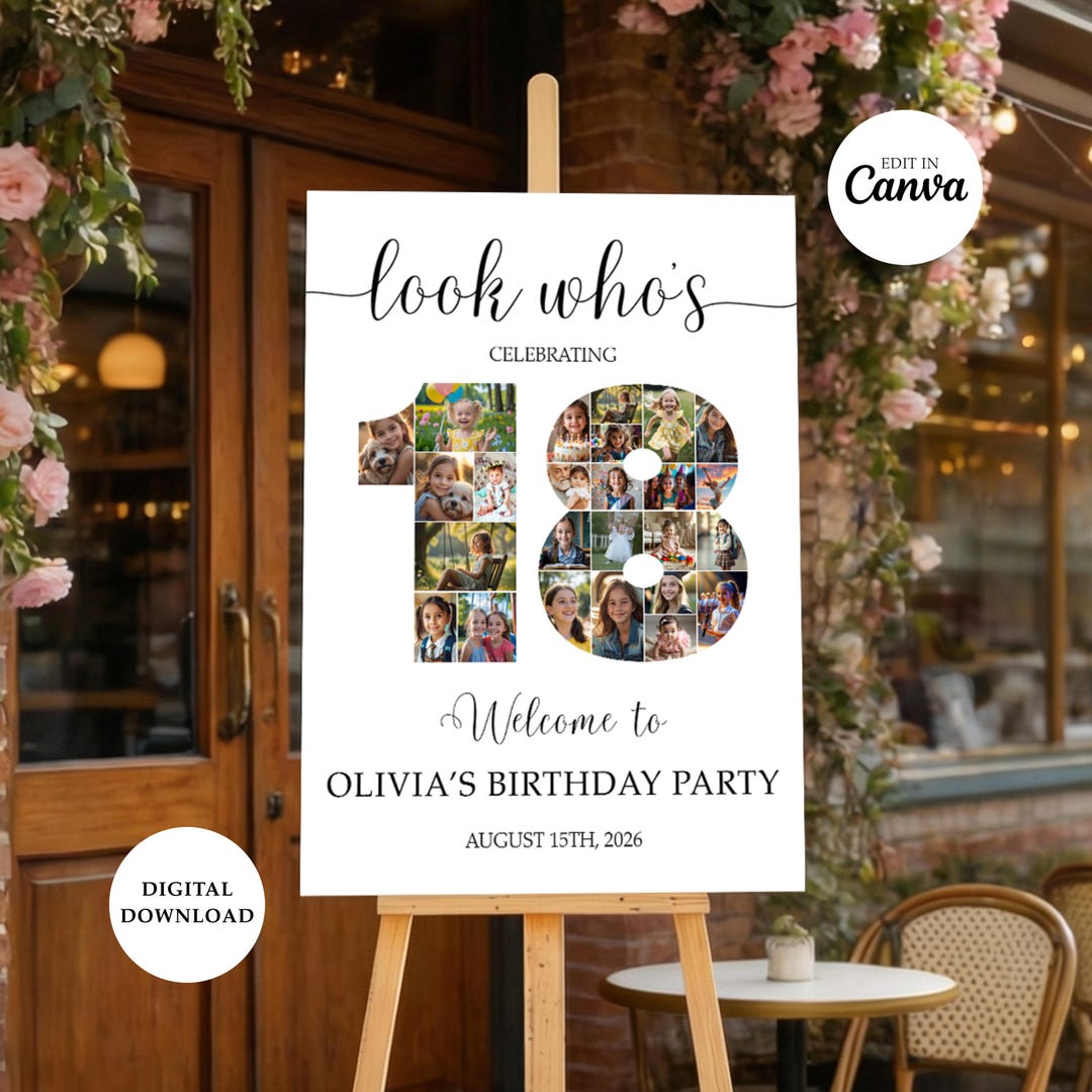 18th Birthday Welcome Sign, Editable Number Photo Collage Canva ...