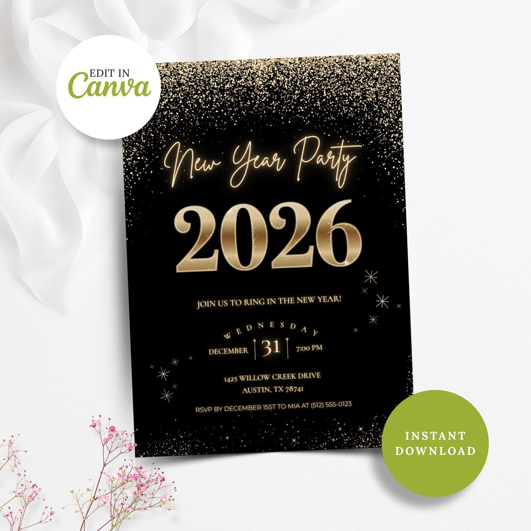 New Year Party Invitation 2026, Black and Gold Canva Template: Editable ...