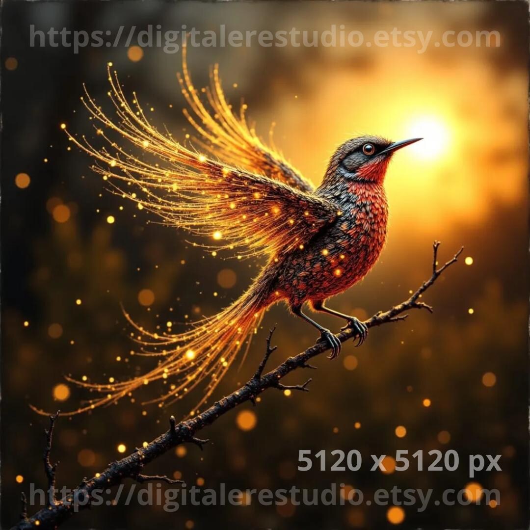 Golden Firebird Art Print at Sunset - Magical Fantasy Wall Decor ...
