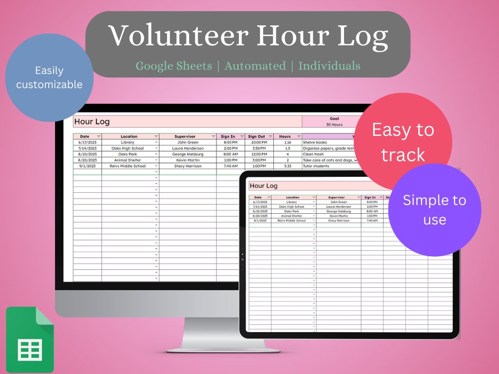 Hour Tracker, Volunteer Log, Google Spreadsheet Template - Etsy