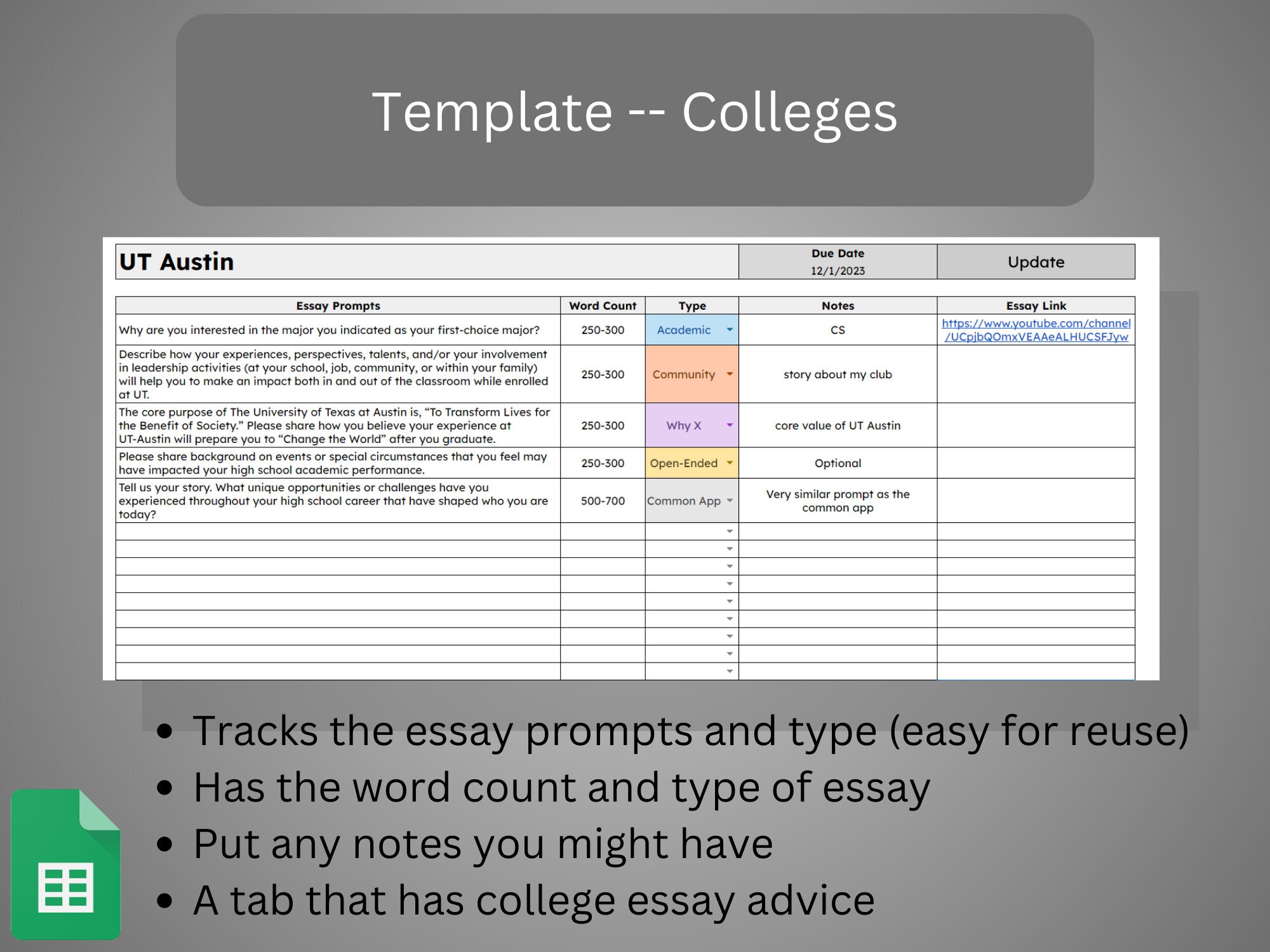 College Application Essay Planner, Organizer, Tracker, Tips, Google ...
