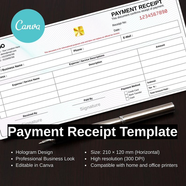 Payment Receipt Template | Editable in Canva | Horizontal A4 Print ...