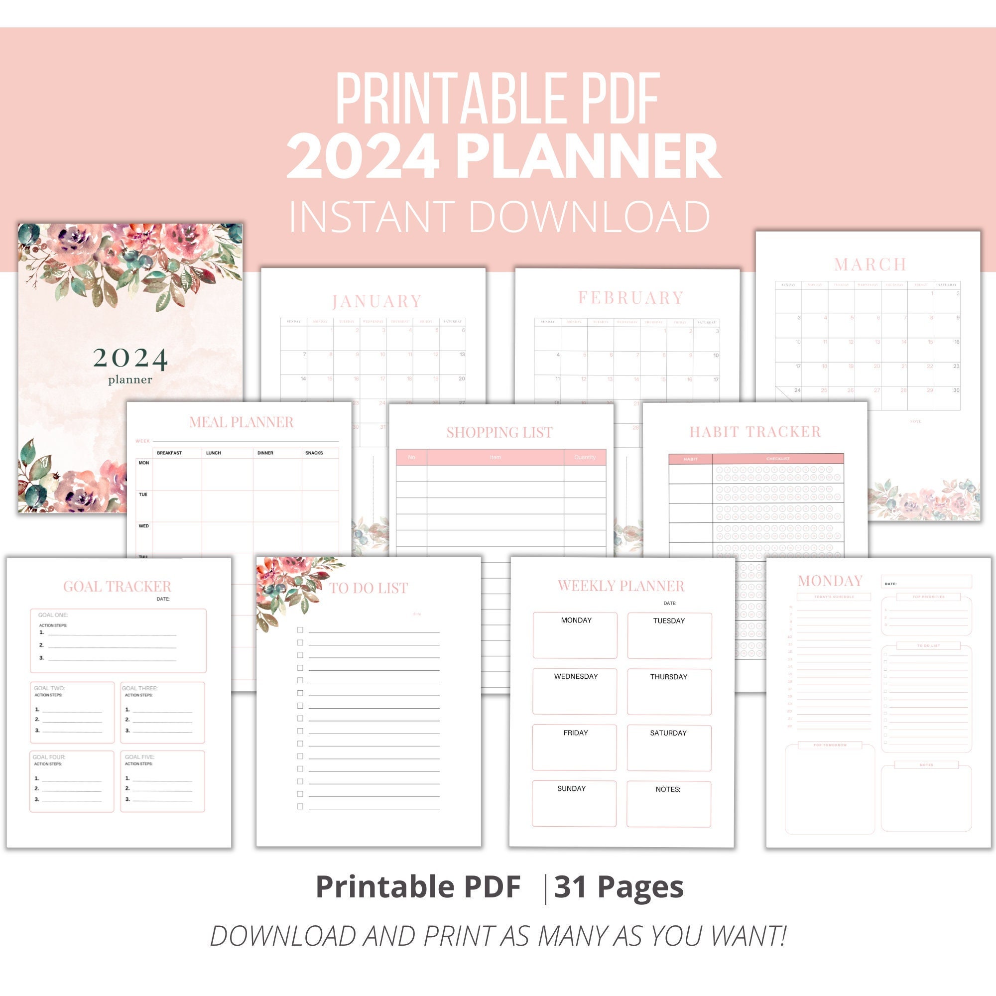 2024 Planner Printable Pdf, Weekly Planner, Daily Planner, Instant ...