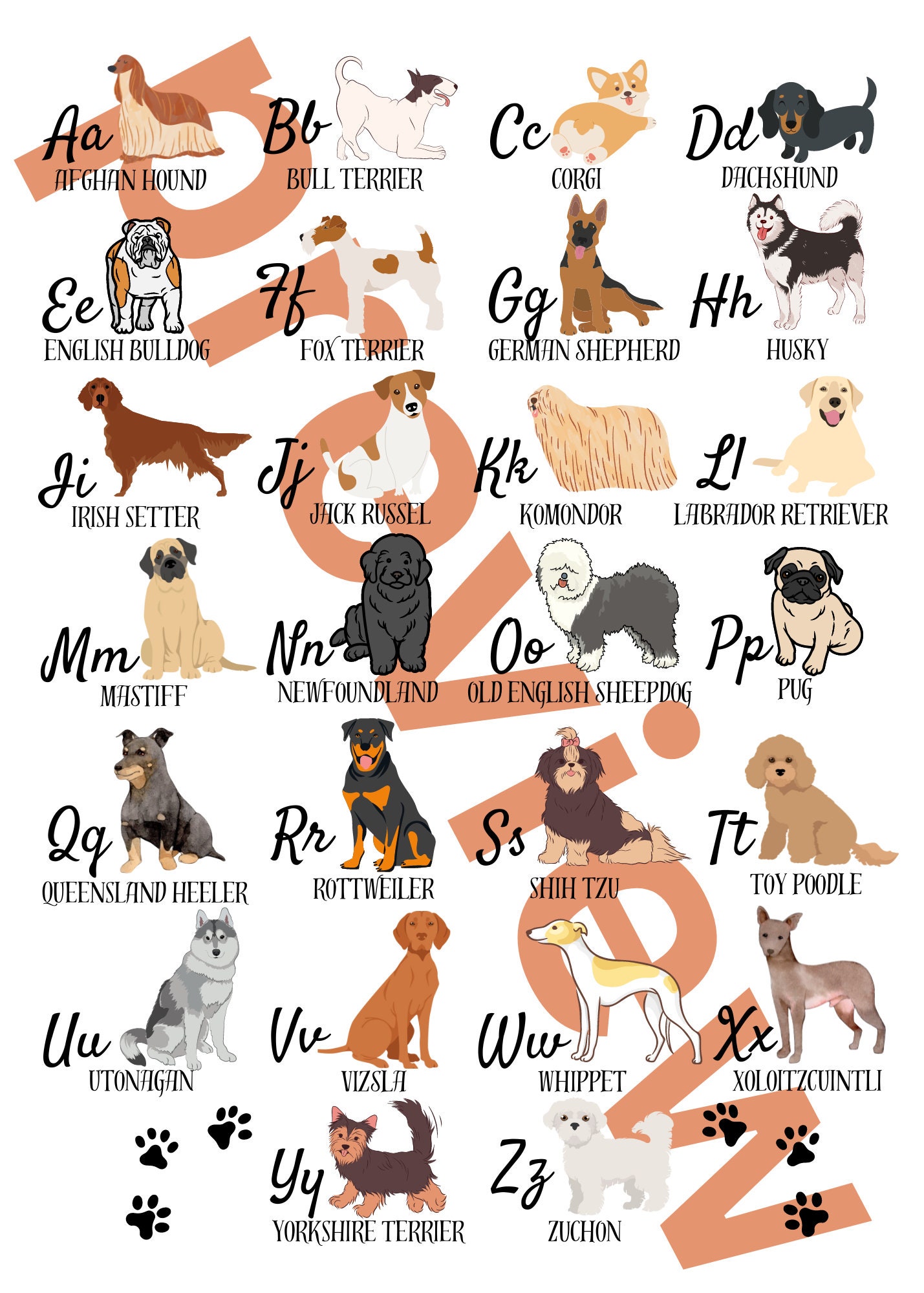 Printable Dog Alphabet, Dog Wall Art Print, Digital Download, A-Z Dog ...