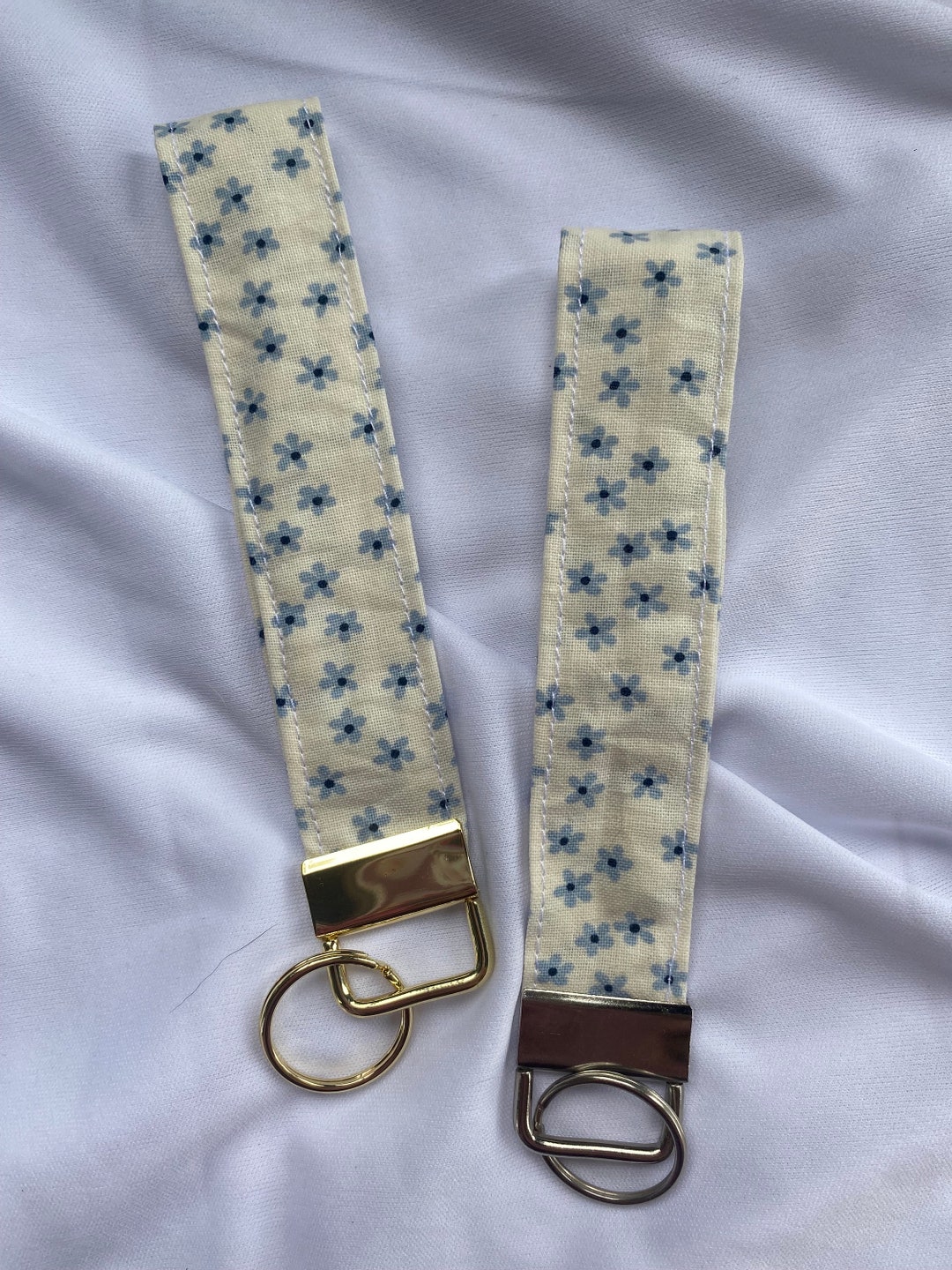 Handmade Light Blue & Navy Flowers on Off-white Keychain / Key Fob ...