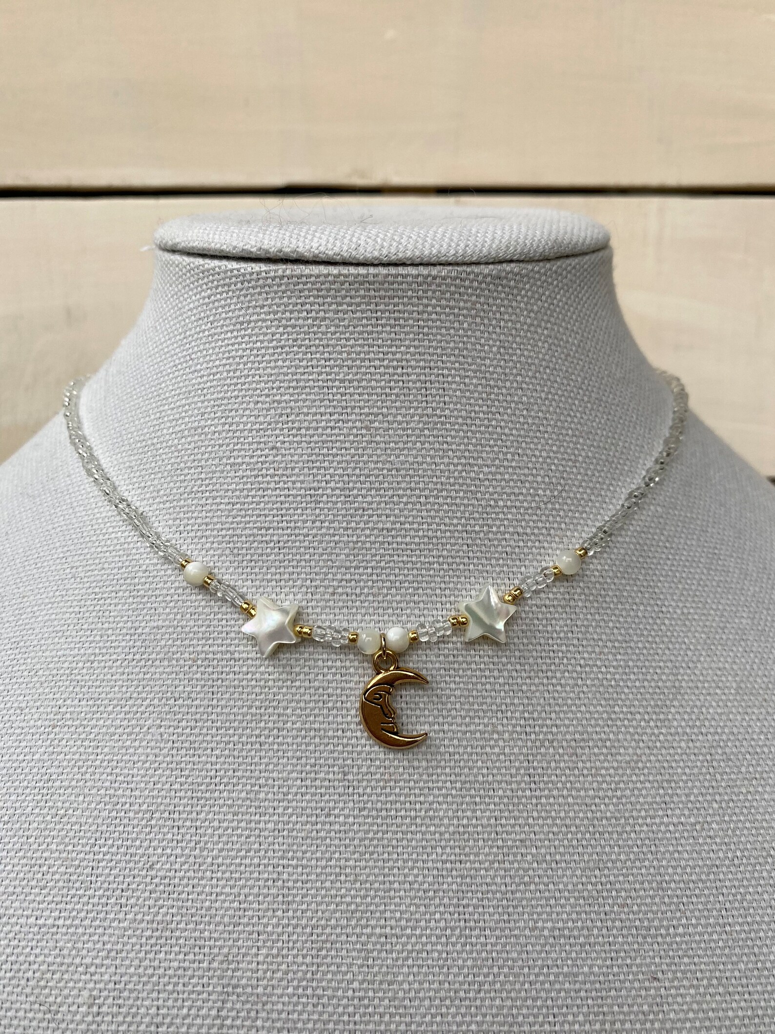 Beaded Moon Face Necklace, White and Gold Beaded Necklace, Beaded ...