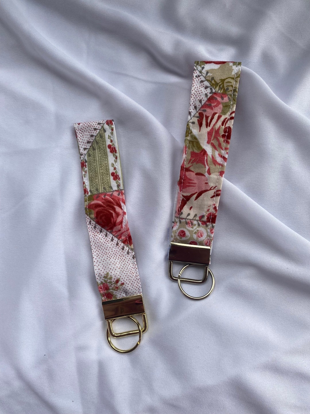 Handmade Pink & Green Floral Patchwork Keychain / Key Fob / Wristlet Strap / Wallet Strap / Loop ...