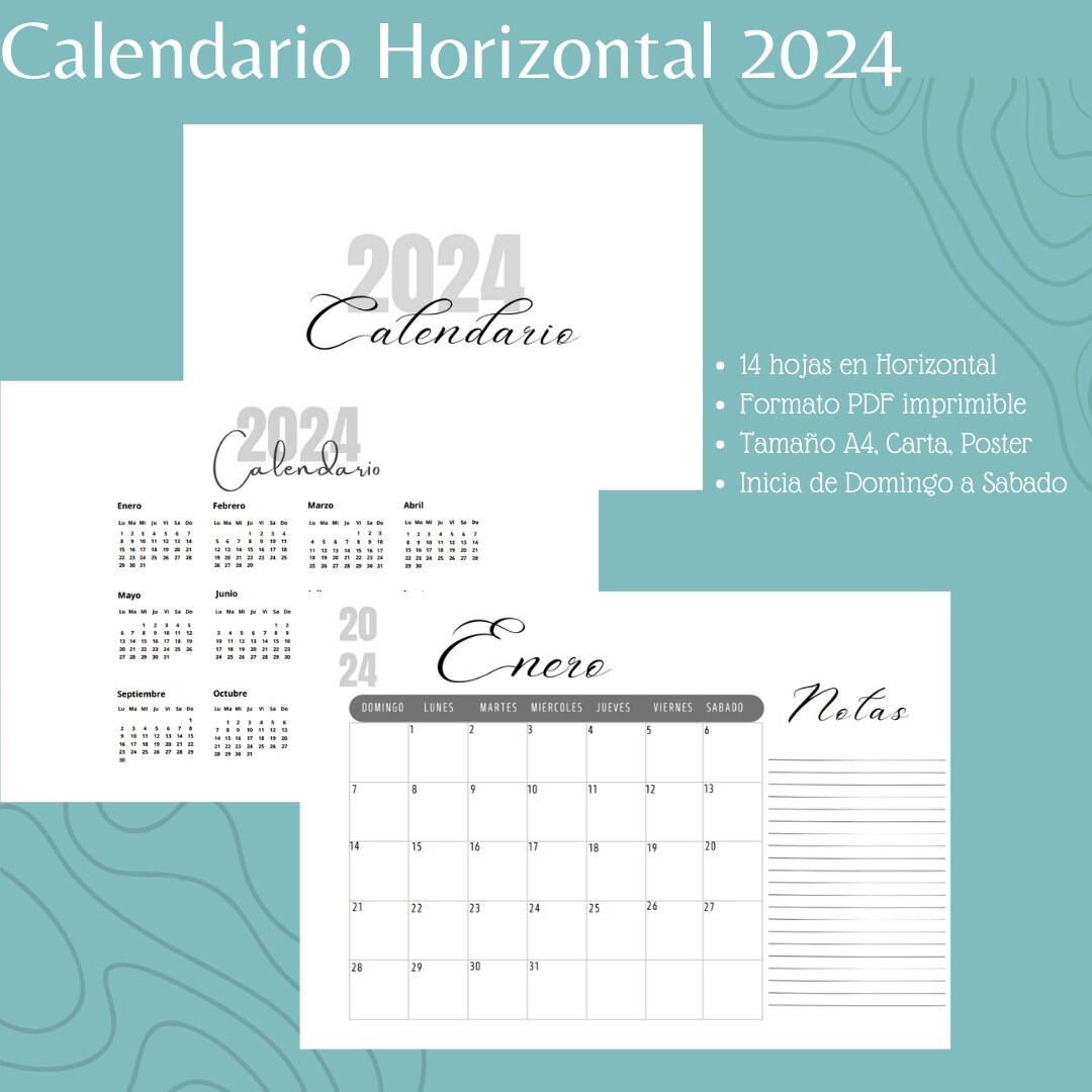 Horizontal Calendar 2024 Printable Sizes a4/letter/poster - Etsy Australia