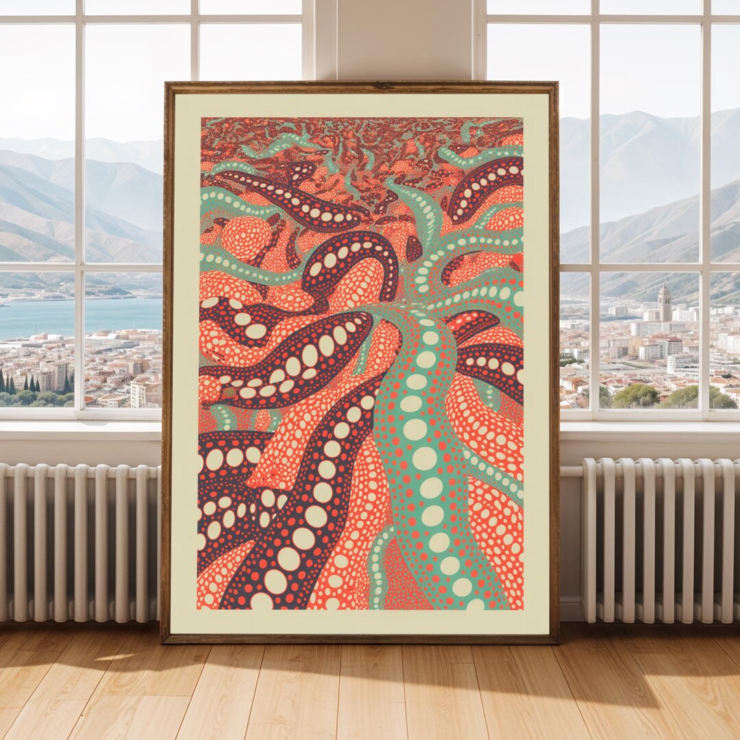 Yayoi Kusama, Dot Art Poster – Peach/beige Background and Coral Red and ...