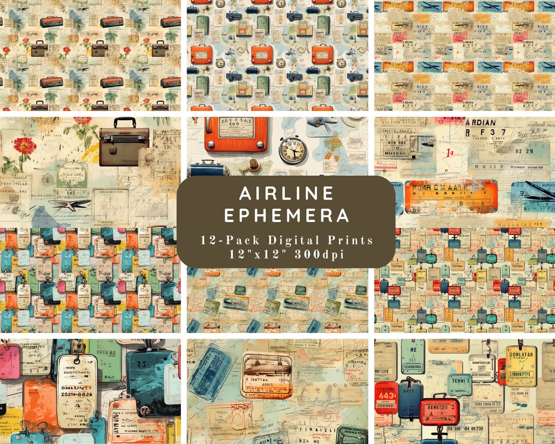 Airline Ephemera 12 Pack Travel Themed Scrapbook Paper Journal Paper ...