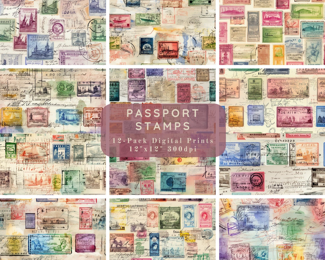 Passport Stamps 12 Pack Travel Themed Scrapbook Paper journal Paper ...