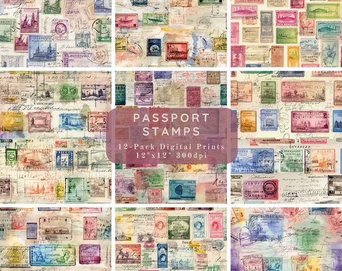 Passport Stamps 12 Pack Travel Themed Scrapbook Paper journal Paper ...