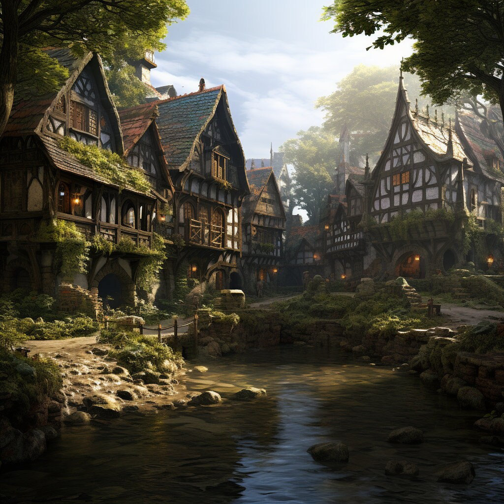 Fantasy Forest Village Print - Tranquil Streamside Hamlet Art - Perfect ...