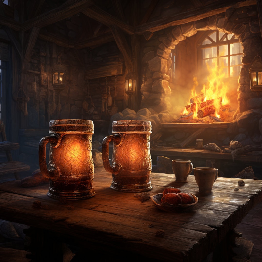 Fantasy Tavern Scene Print - Rustic Ale Mugs by Warm Hearth Fire ...
