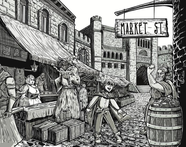 Comic Inked Fantasy Mystical Marketplace Poster TTRPG Market Scene ...