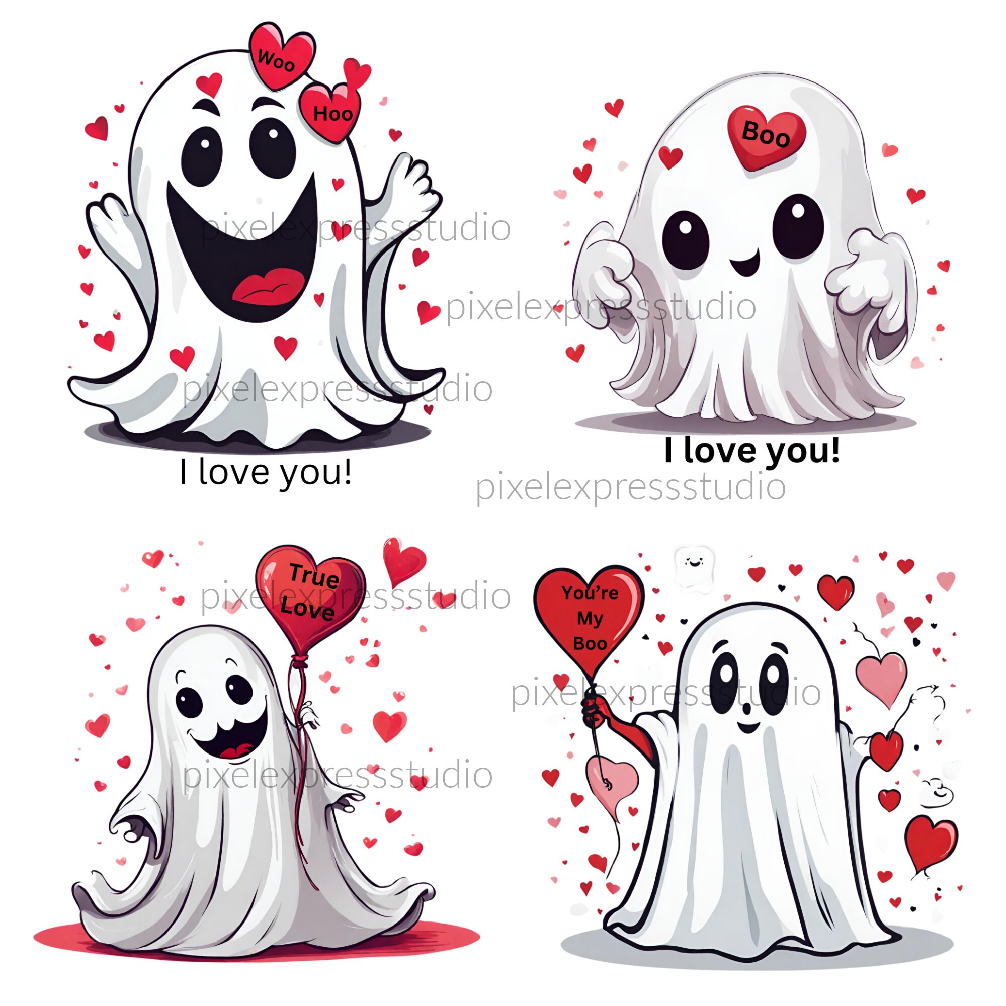 12 Valentine Ghost Clipart Set, Cute Cats Commercial Use Clipart, Be My ...