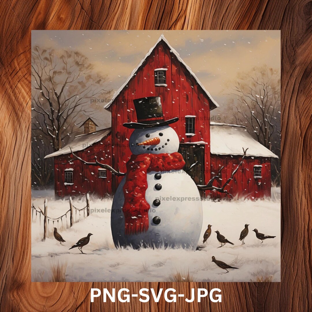 Snowman by a Red Barn PNG, Winter Wonderland Ideal for Christmas Cards ...