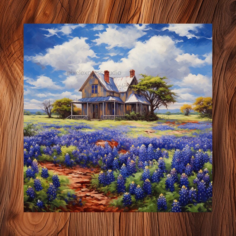 Rustic Country Farmhouse in Blue Bonnet Field Png - Perfect for Wall ...