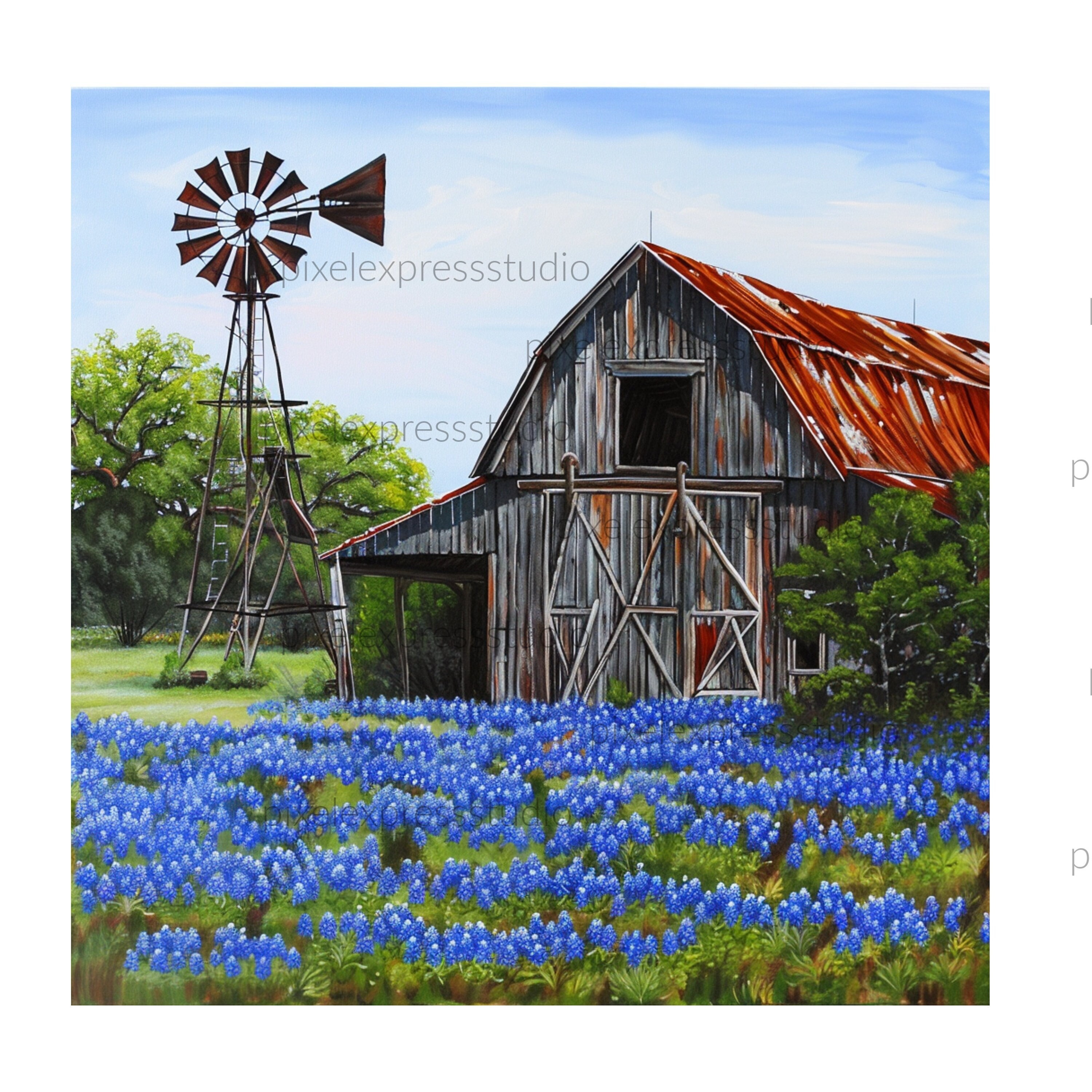 Rustic Old Barn Farm Art PNG With Lush Texas Bluebonnets - Digital Art ...