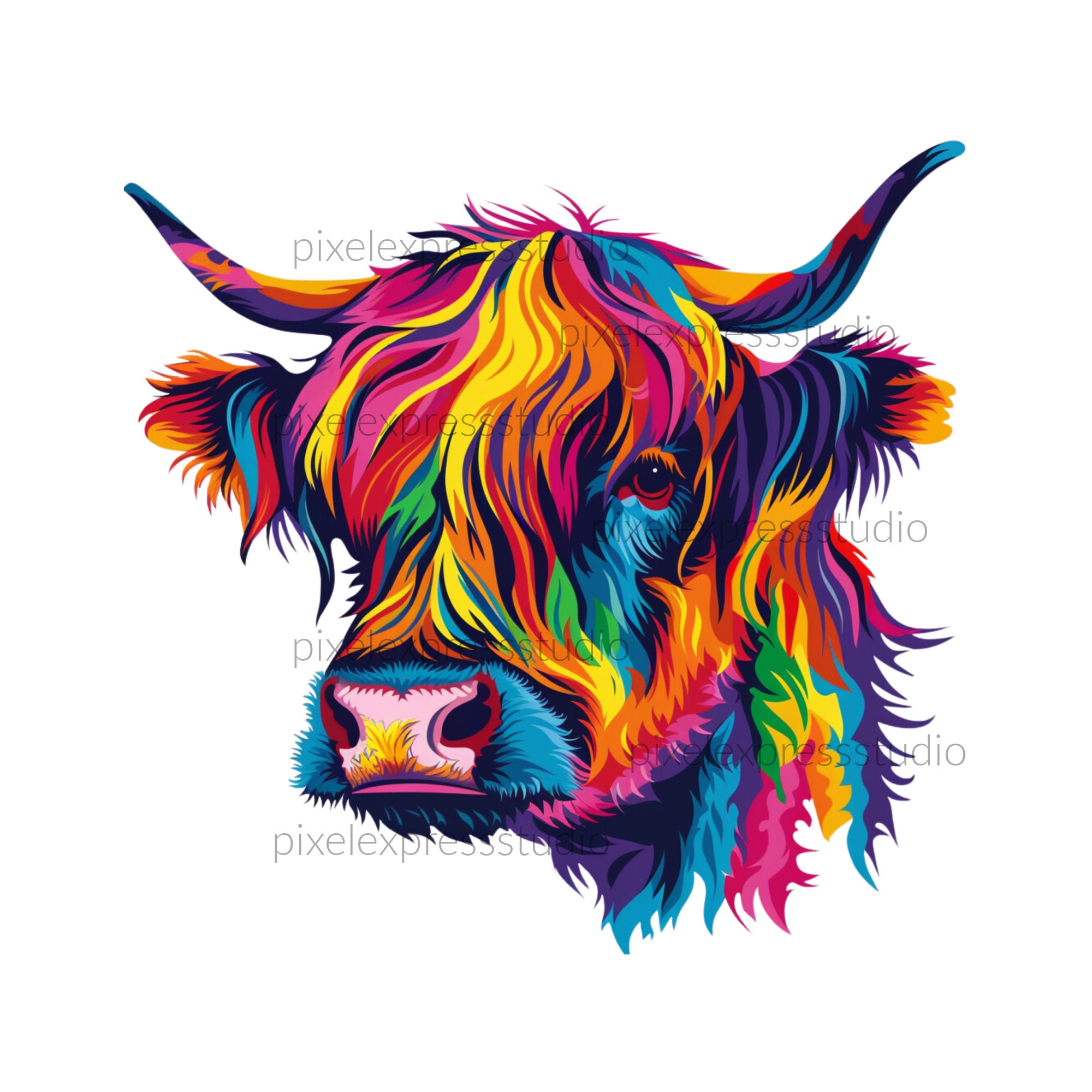 Rainbow Highland Cow PNG Vibrantly Colored Digital Art - Etsy