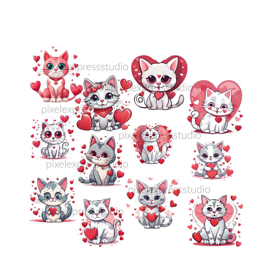 12 Valentine Cat Clipart Set, Cute Cats Commercial Use Clipart, Tabby ...