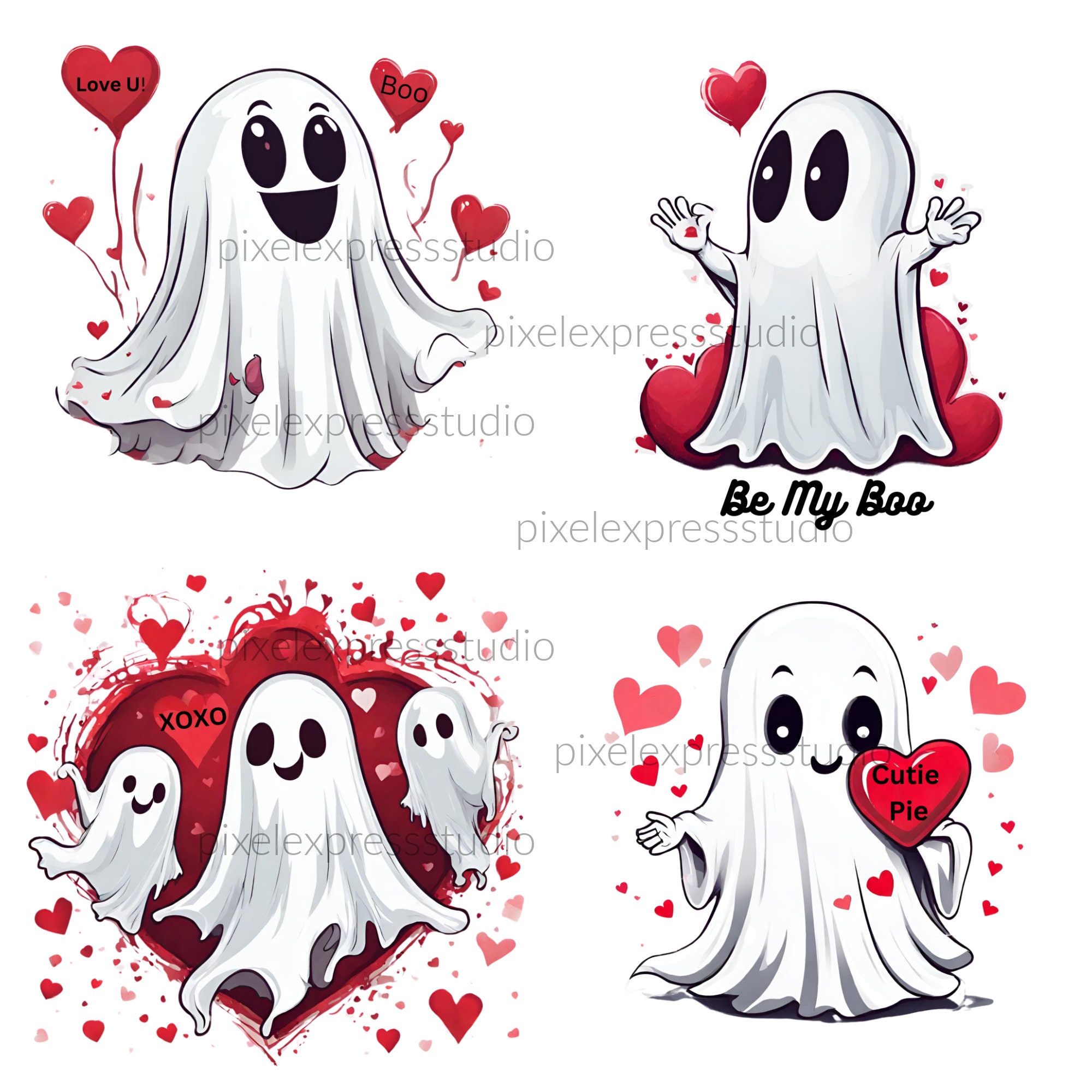 12 Valentine Ghost Clipart Set, Cute Cats Commercial Use Clipart, Be My ...