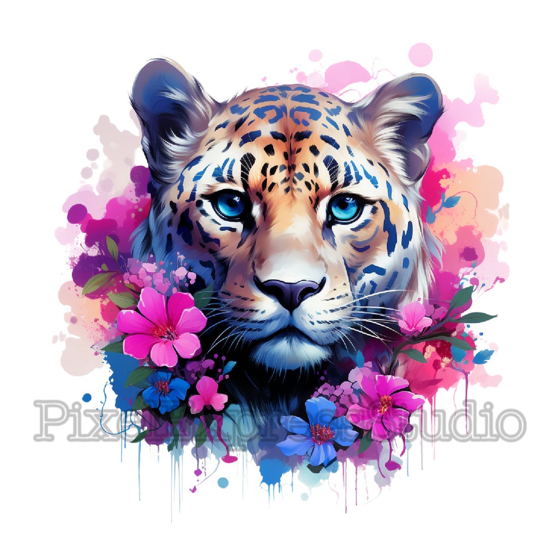 Leopard Digital Download png Beautiful Leopard With Flowers Transfer - Etsy