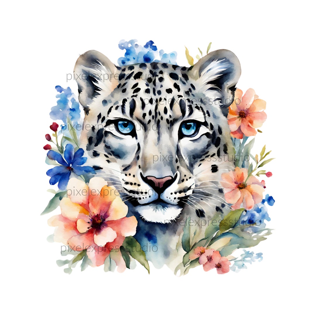 Snow Leopard Digital Download Png, Beautiful Leopard With Flowers ...
