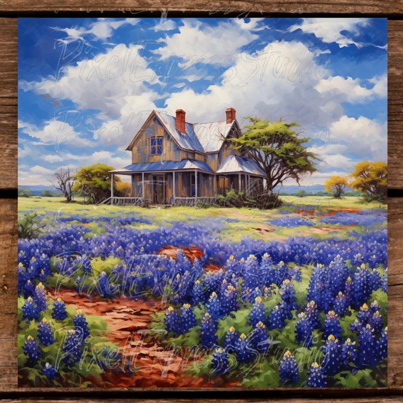 Rustic Country Farmhouse in Blue Bonnet Field Png - Perfect for Wall ...