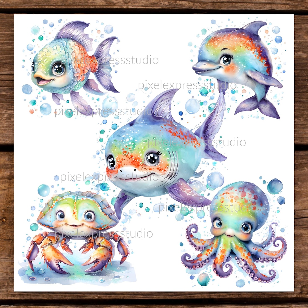Ocean Nursery Decor Set of 5 Baby Sea Creatures PNG Shark, Dolphin ...