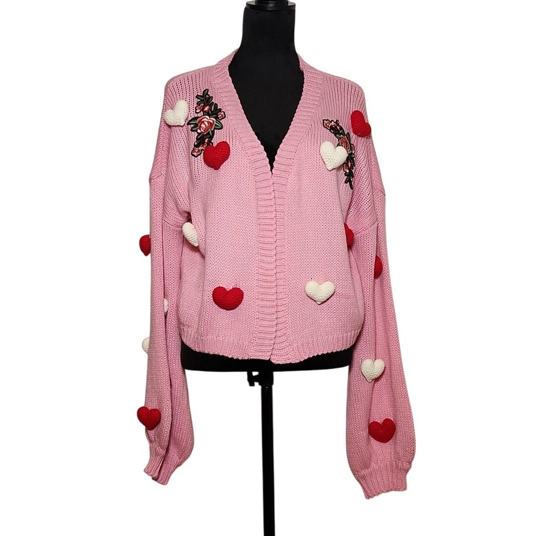 CUSTOM Pink Crochet Cardigan With Hearts and Patches, Size Large - Etsy