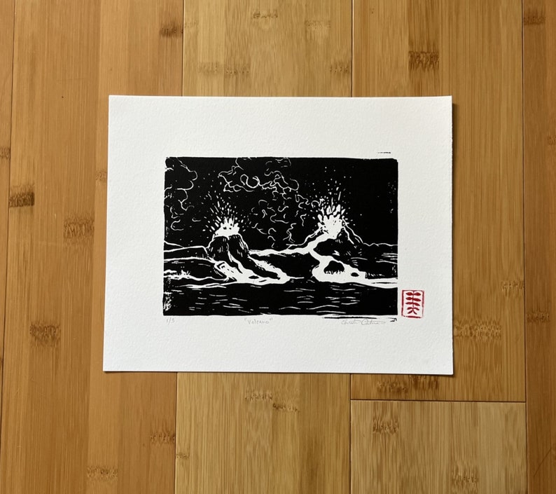 VOLCANO Linocut Print - Etsy