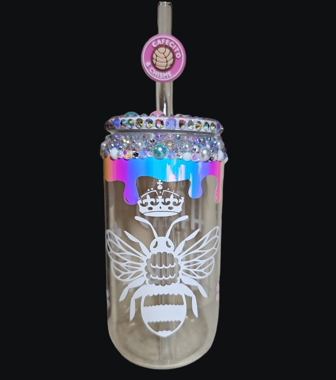 Permanent Vinyl Queen Bee, Libbey Glass Blinged Bamboo Lid - Etsy