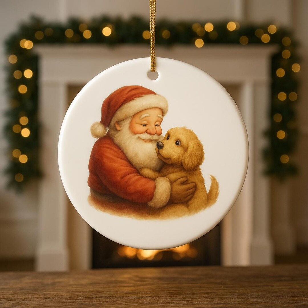 Vintage Santa & Golden Doodle Christmas Ornament Cozy Ceramic Holiday ...