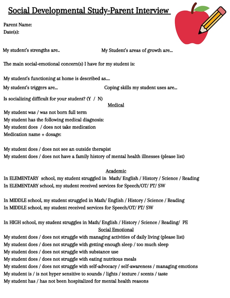 Student + Parent SDS Interview, One Pager for School Mental Health ...