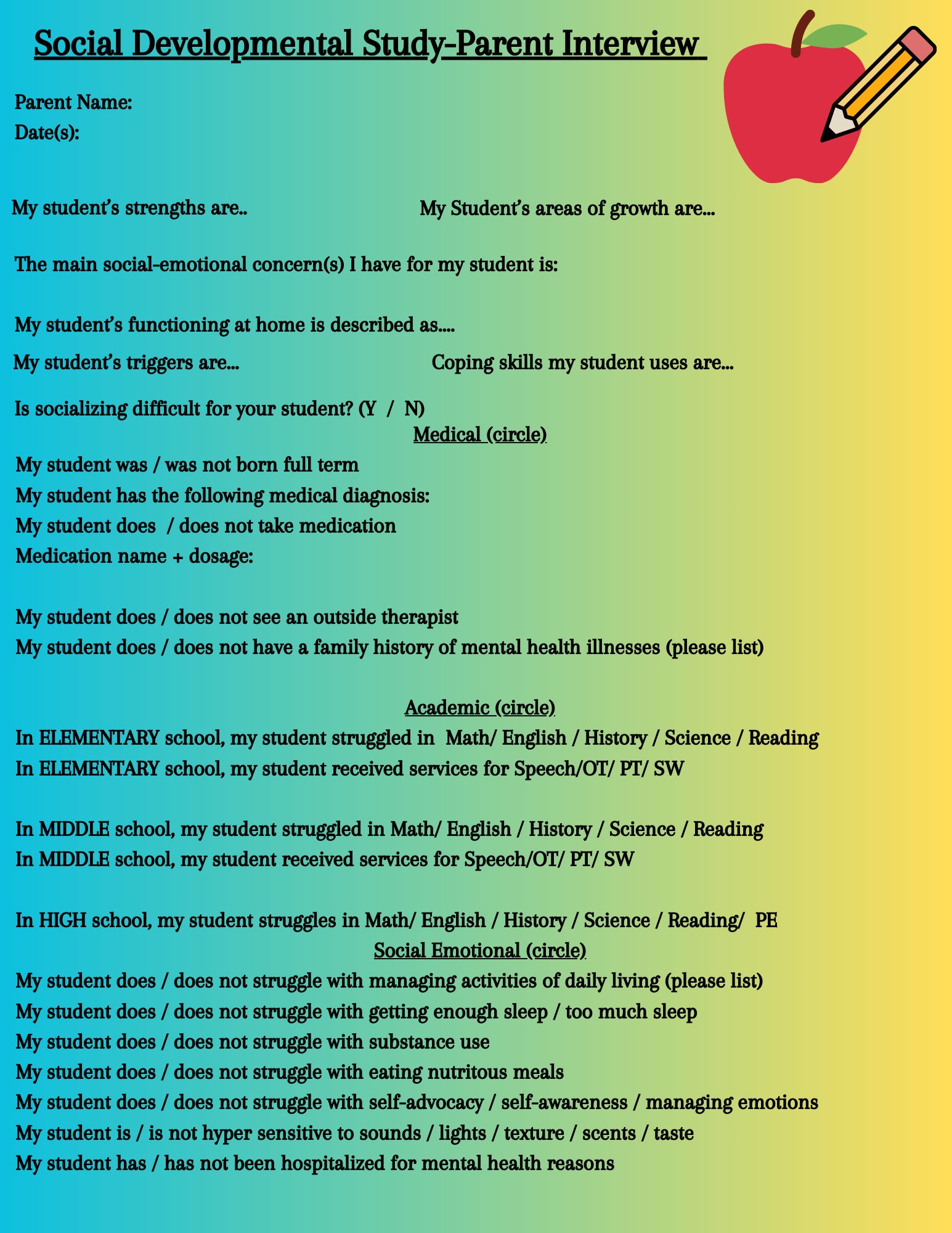 Student + Parent SDS Interview, One Pager for School Mental Health ...