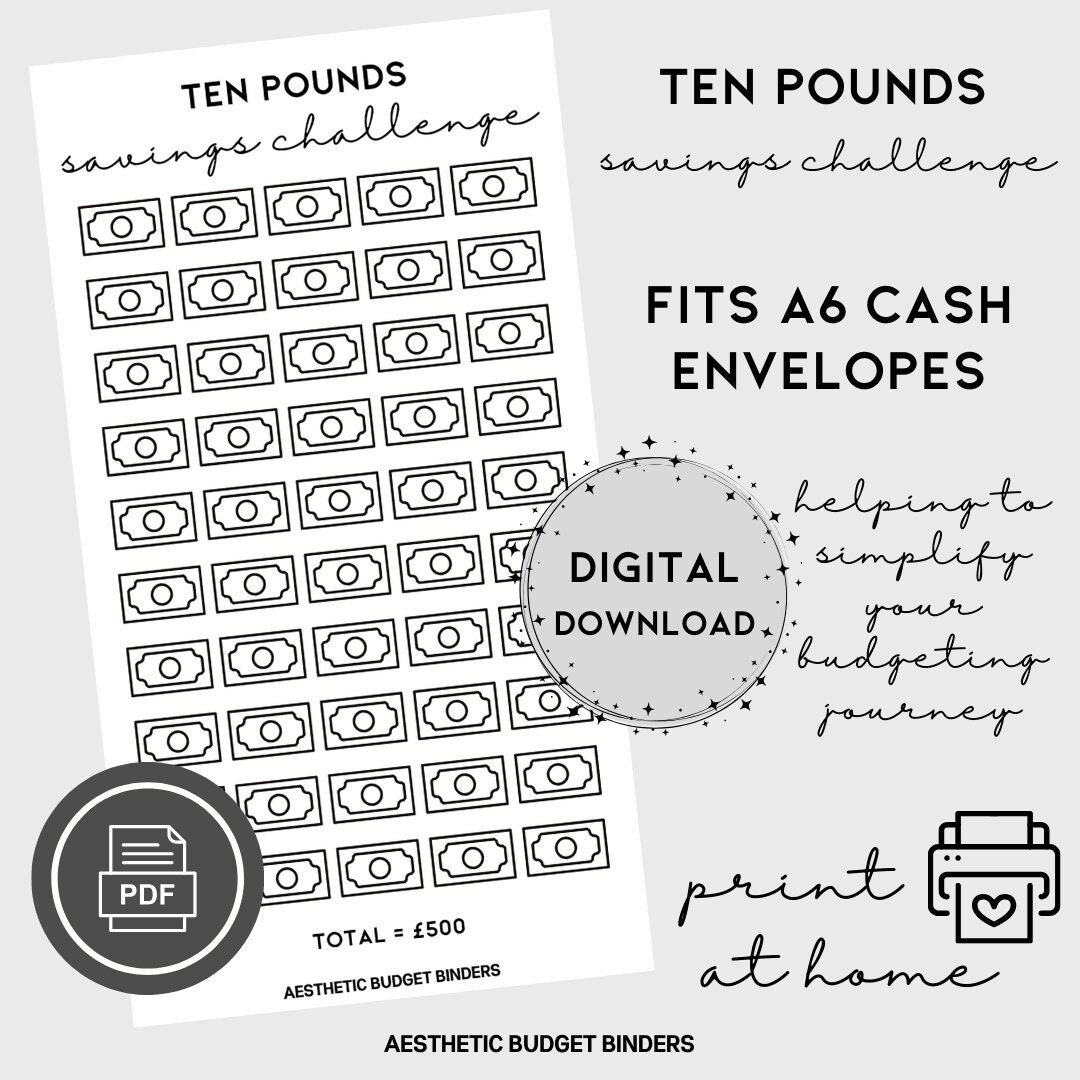 Ten Pounds Savings Challenge A6, Digital Download, Emergency Fund, Cash ...