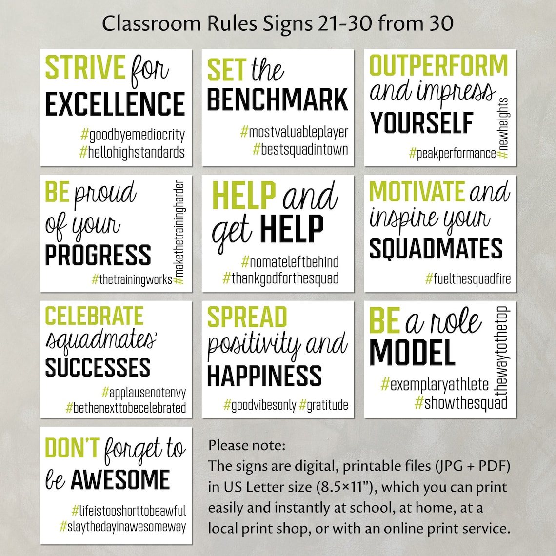 30 Classroom Bulletin Board Hashtag Signs/posters, Lime Green Middle ...
