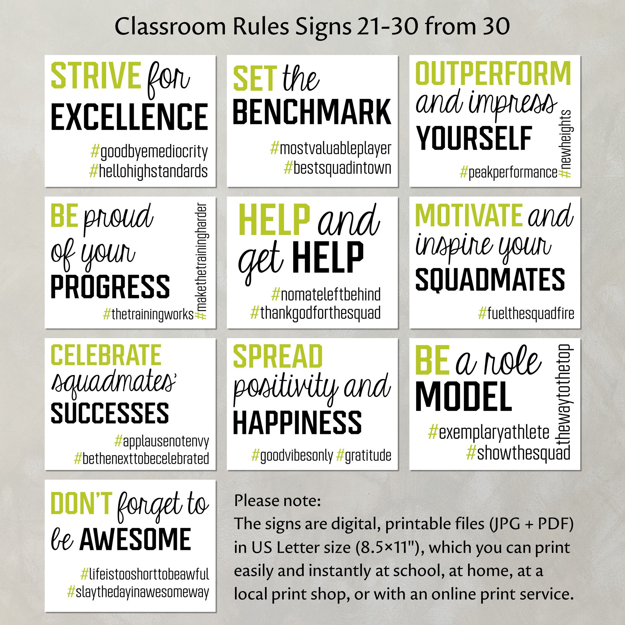 30 Classroom Bulletin Board Hashtag Signs/posters, Lime Green Middle ...