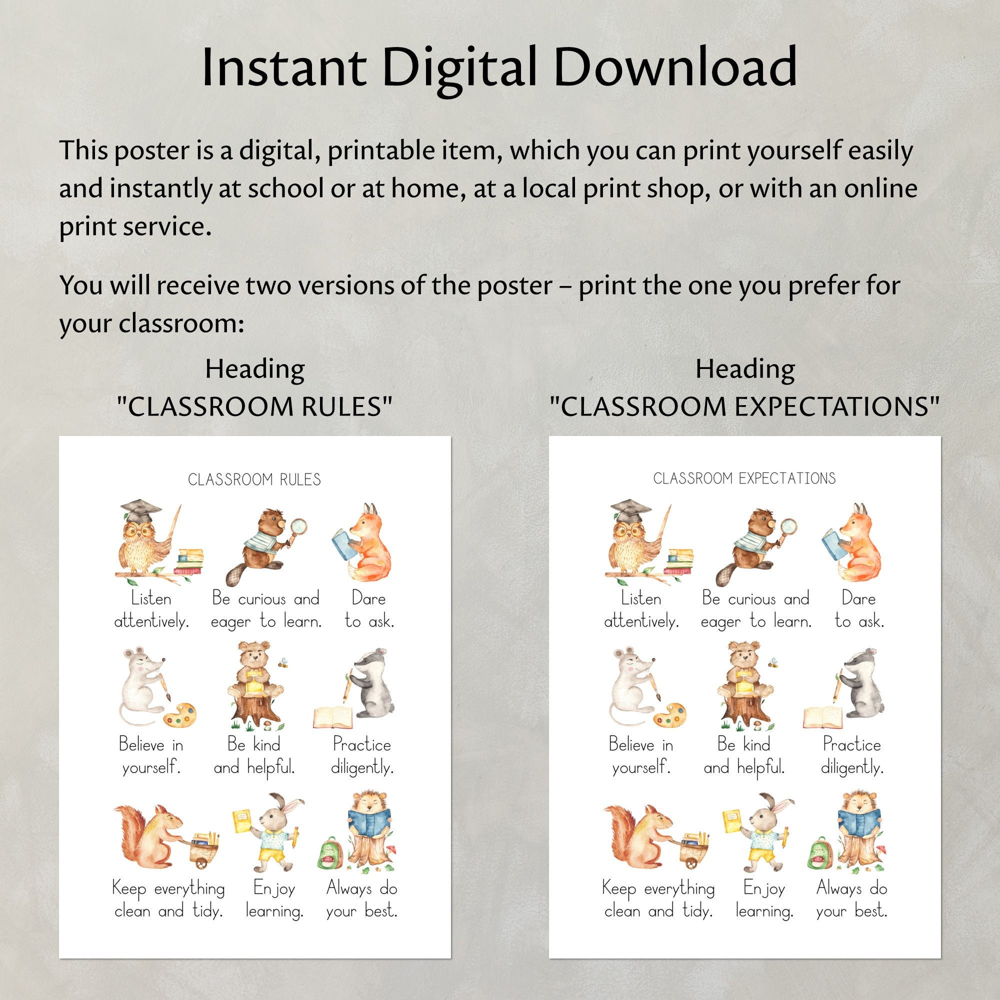 Elementary Classroom Rules Expectations Wall Art Poster, Woodland ...