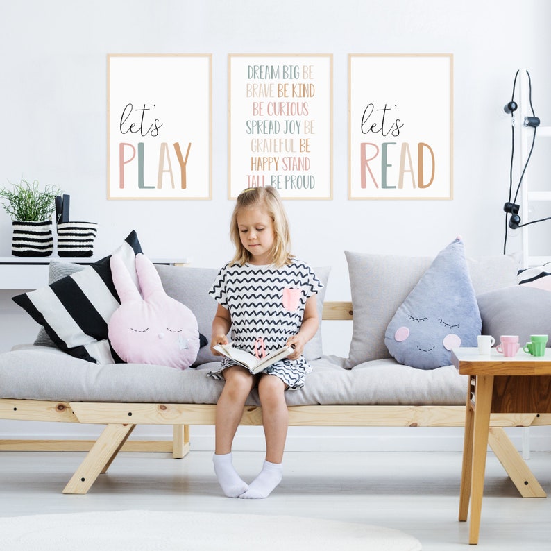 Playroom Wall Art Set of 3 Prints, Boho Kids Room Decor, Let’s Play Let ...
