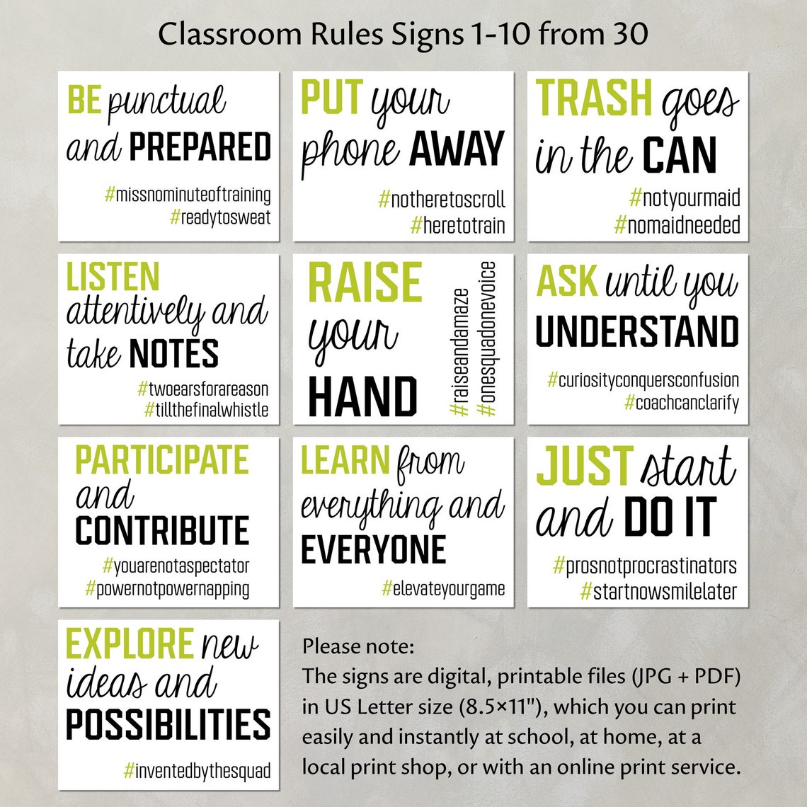 30 Classroom Bulletin Board Hashtag Signs/posters, Lime Green Middle ...