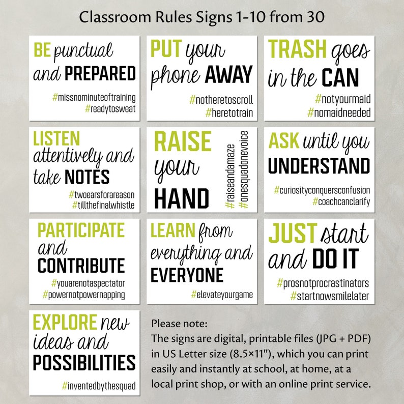 30 Classroom Bulletin Board Hashtag Signs/posters, Lime Green Middle ...