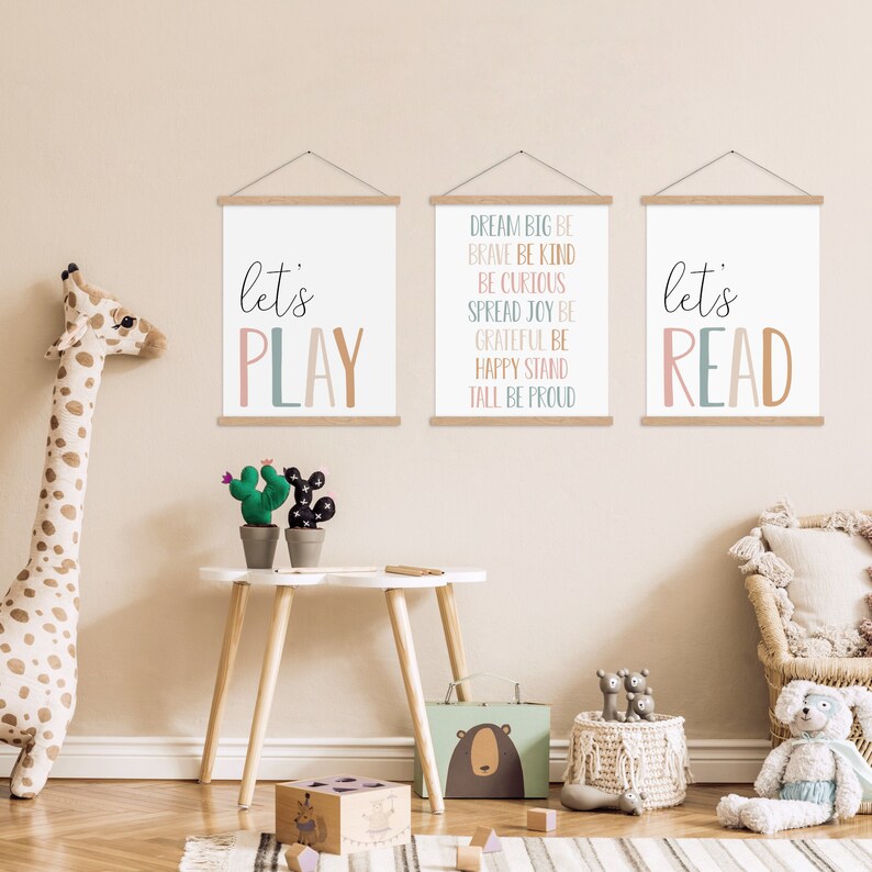 Playroom Wall Art Set of 3 Prints, Boho Kids Room Decor, Let’s Play Let ...